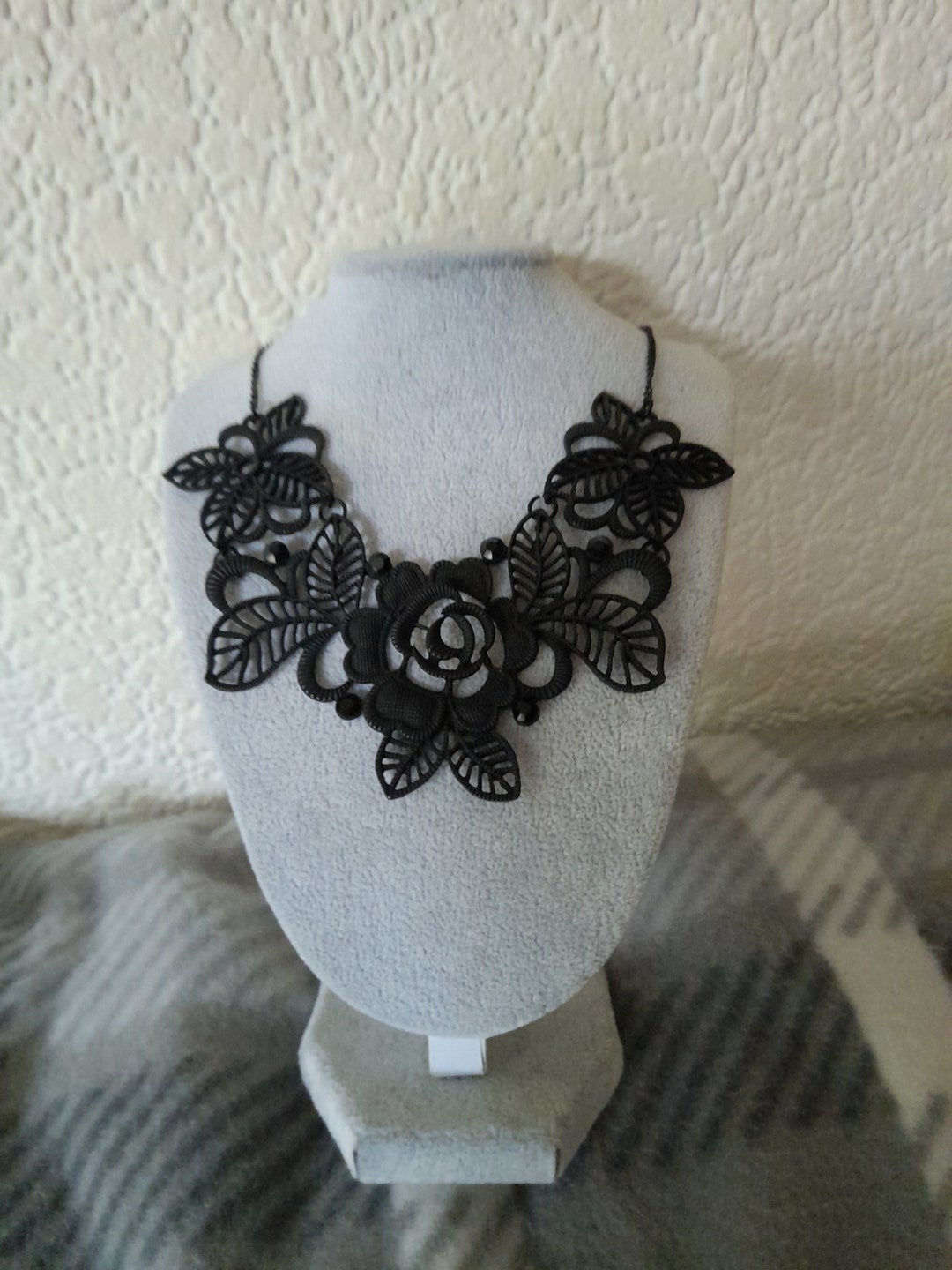 Vintage Black Metal Statement Necklace With Textured Rose and - Etsy