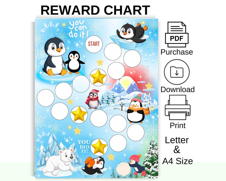 Penguin Reward Chart for Kids Winter Theme Sticker Chart Potty Training ...