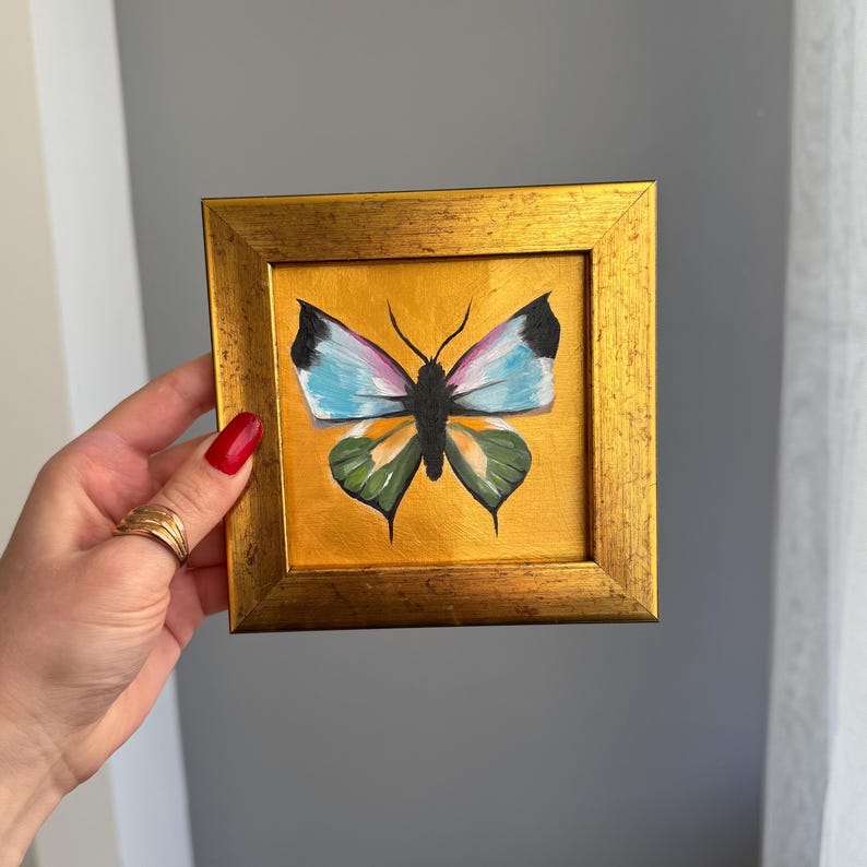Original Butterfly Oil Painting – Miniature Framed Wall Art, Gold ...