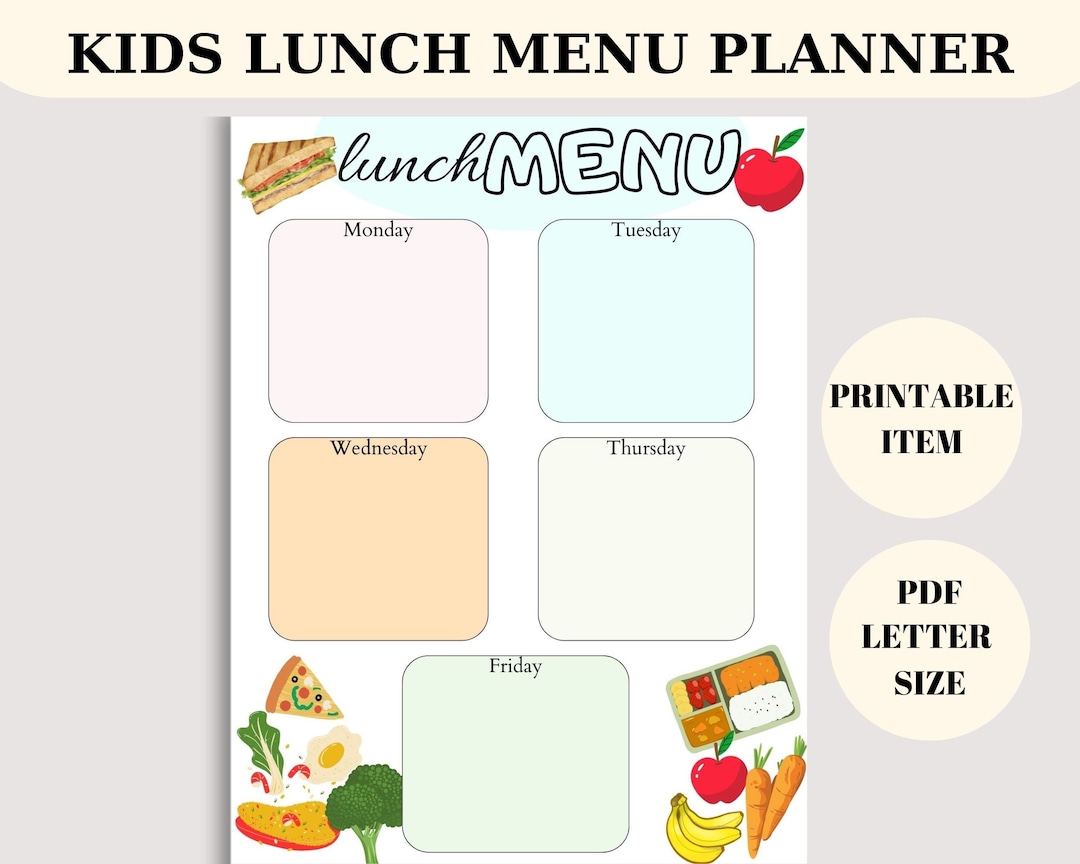 School Lunch Planner Kids Lunch Weekly Menu Planner Kids Meal Planner ...