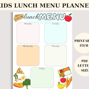 School Lunch Planner Kids Lunch Weekly Menu Planner Kids Meal Planner ...