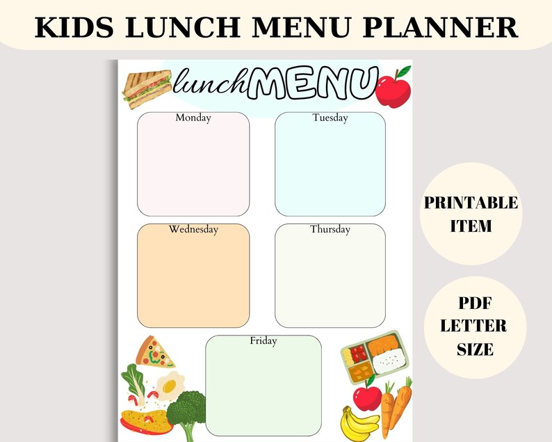School Lunch Planner Kids Lunch Weekly Menu Planner Kids Meal Planner ...