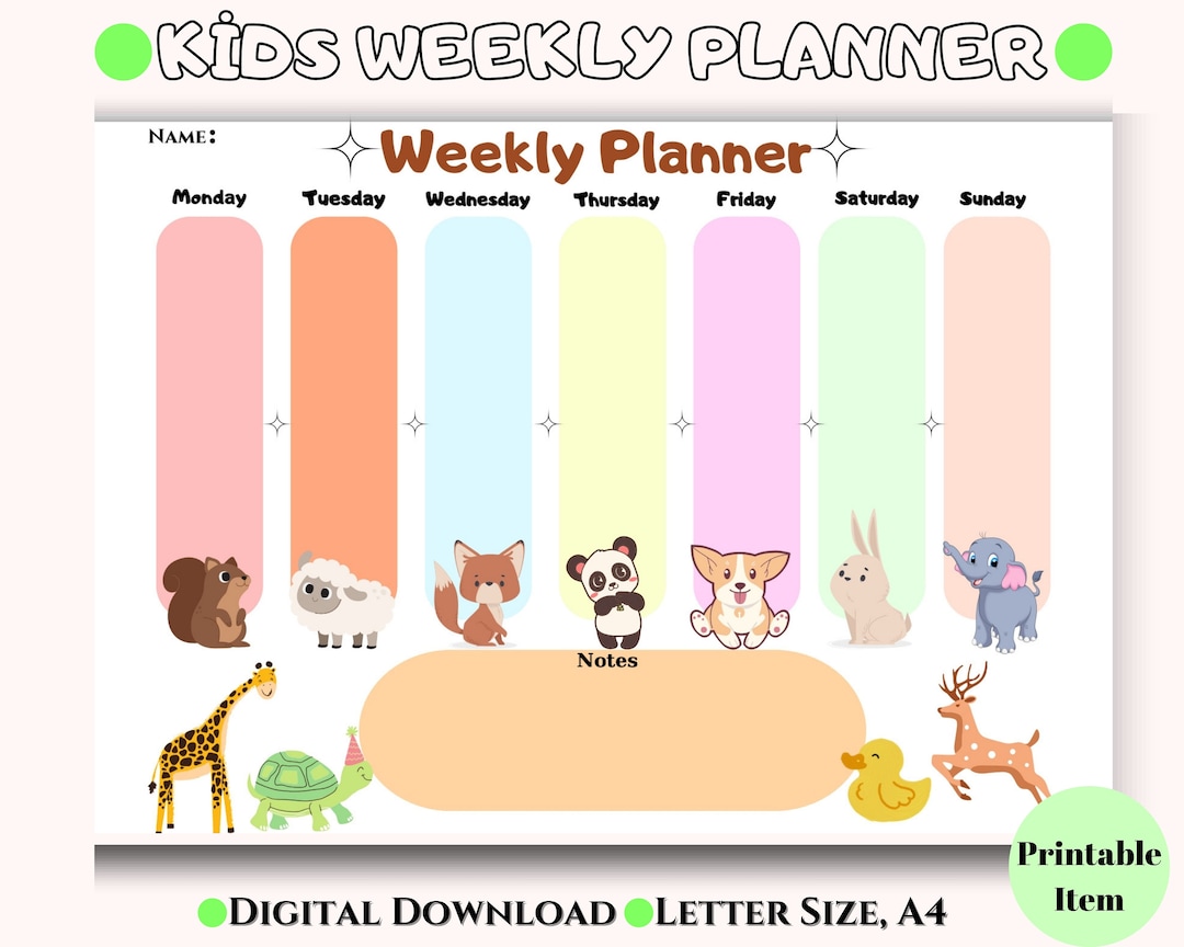 Kids Weekly Planner Cute Weekly Planner Childrens Weekly Planner ...