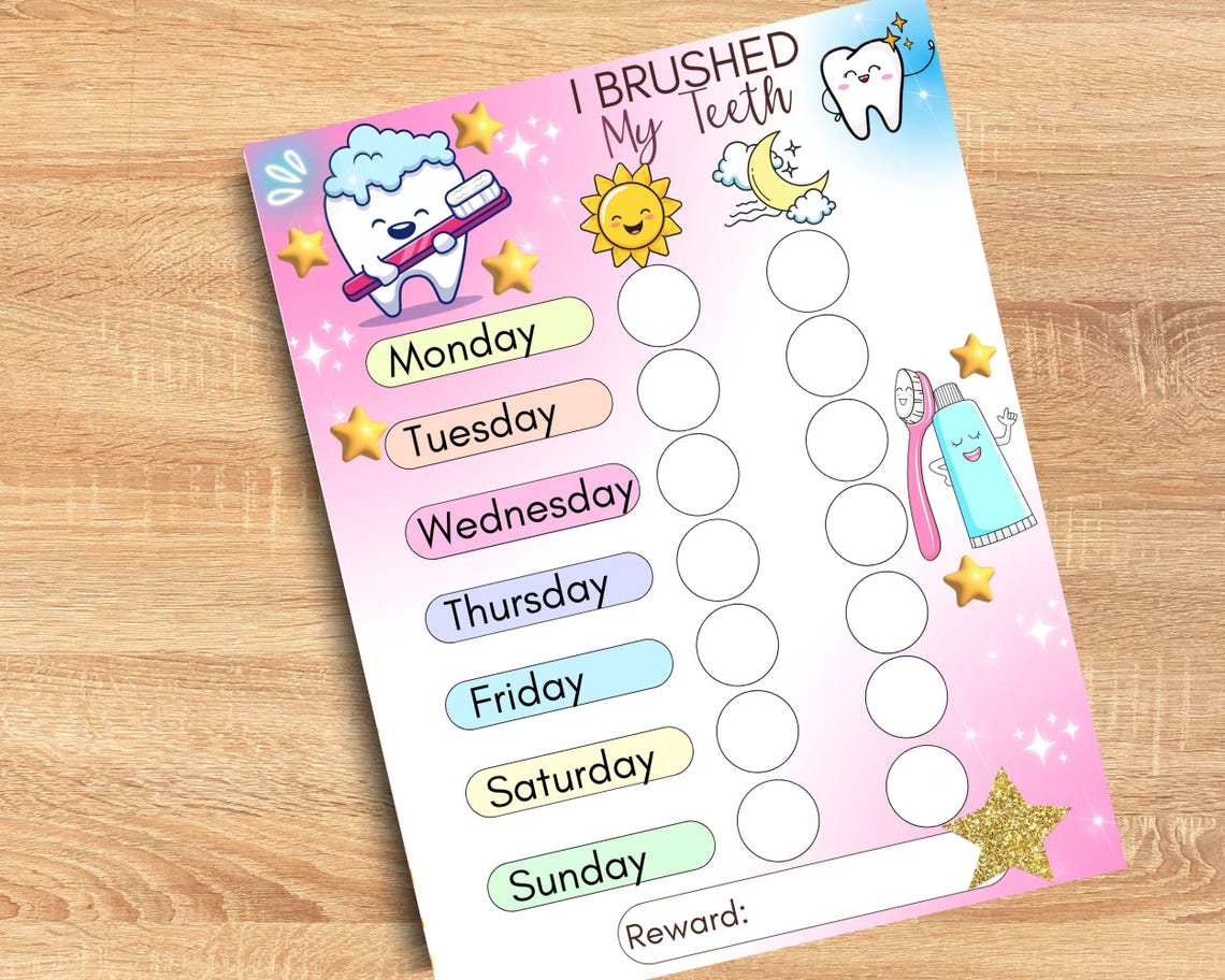 Teeth Brushing Reward Chart: Kids Dental Hygiene Sticker Chart ...