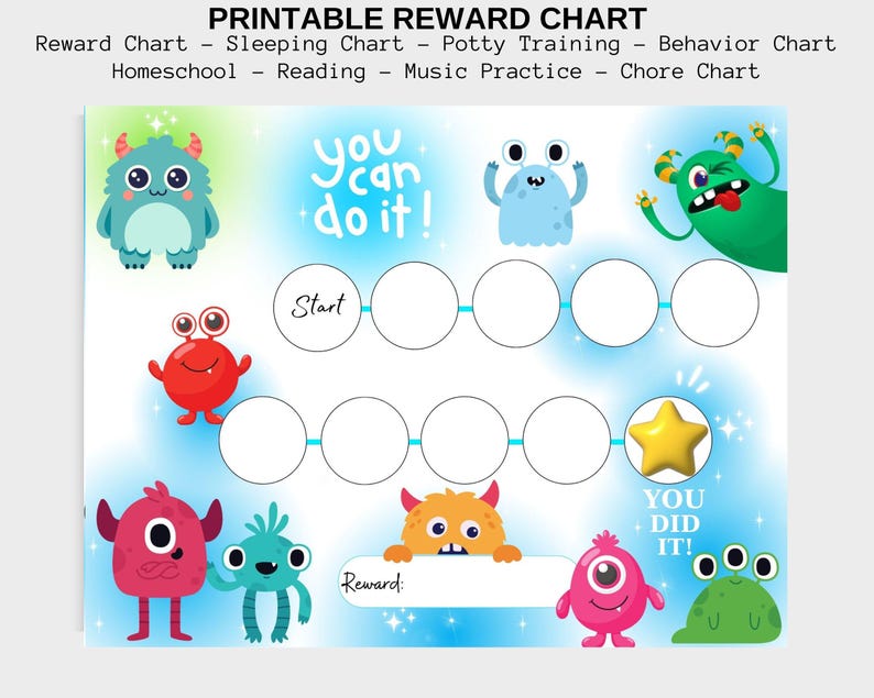 Monster Reward Chart for Kids - Printable Behavior Chart - Cute Monster ...