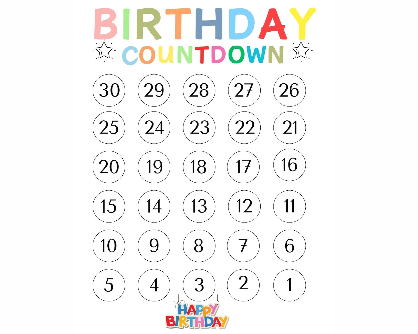 Printable Birthday Countdown - Birthday Countdown Printable - 30 Day ...