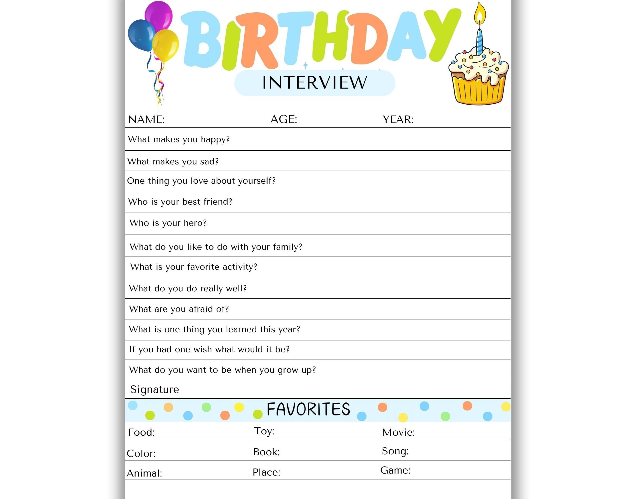Kids Birthday Interview Printable - Printable Birthday Interview ...