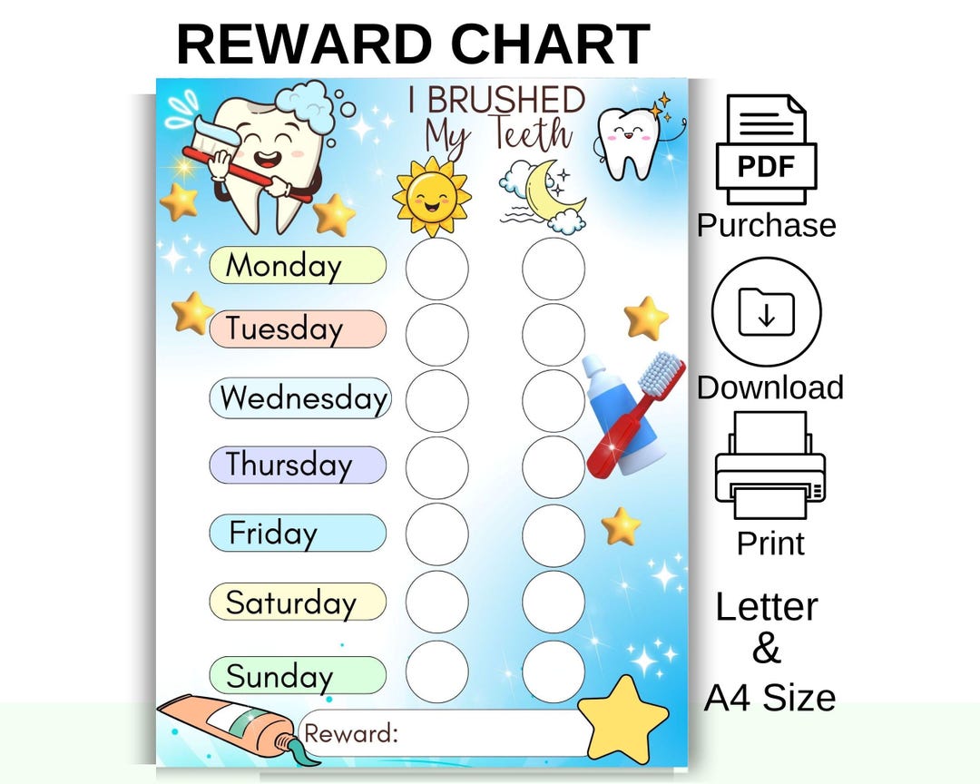 Teeth Brushing Reward Chart for Kids – Printable Dental Hygiene Chart ...