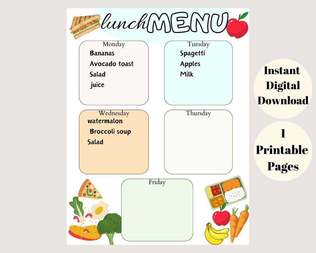 School Lunch Planner - Kids Lunch Weekly Menu Planner - Kids Meal ...