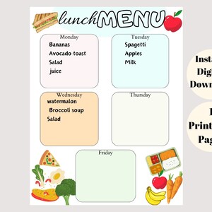 School Lunch Planner - Kids Lunch Weekly Menu Planner - Kids Meal ...