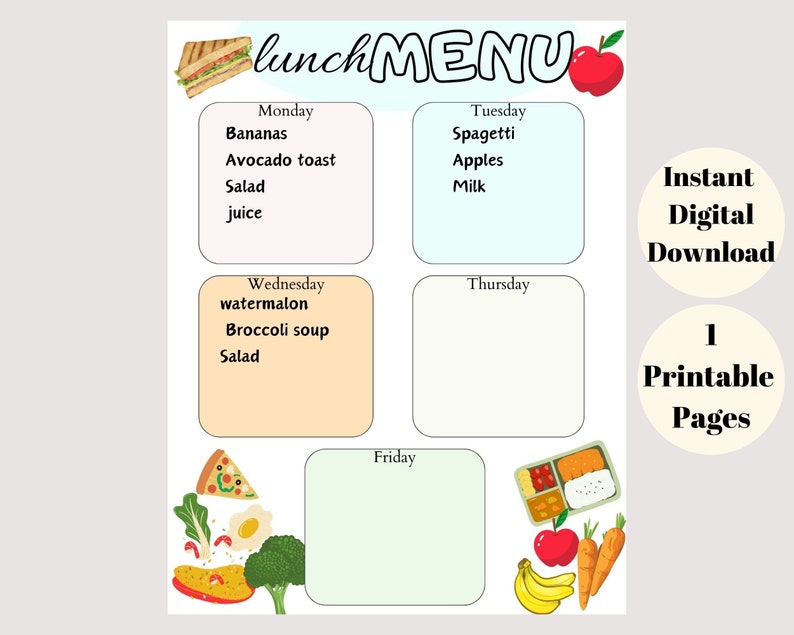 School Lunch Planner - Kids Lunch Weekly Menu Planner - Kids Meal ...