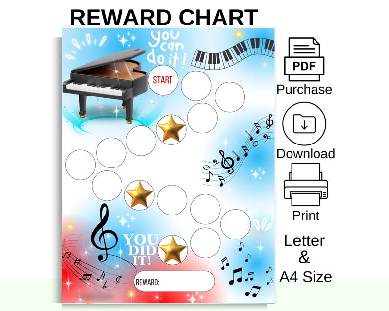 Printable Piano Practice Reward Chart for Kids - Music Lesson Tracker ...