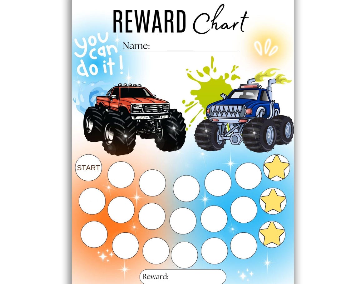 Monster Truck Reward Chart: Kids Behavior - Potty Training Tracker ...