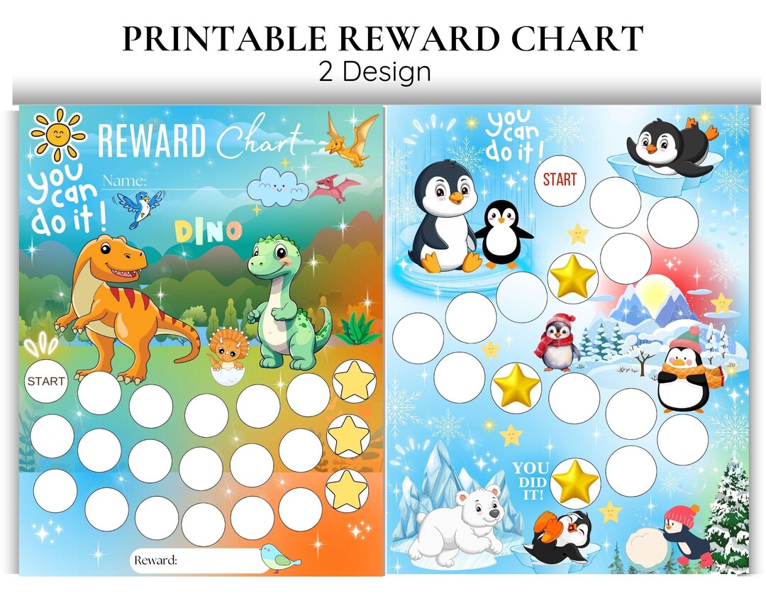 Dinosaur-penguin Reward Chart for Kids - Potty Training Chart - Sleep ...