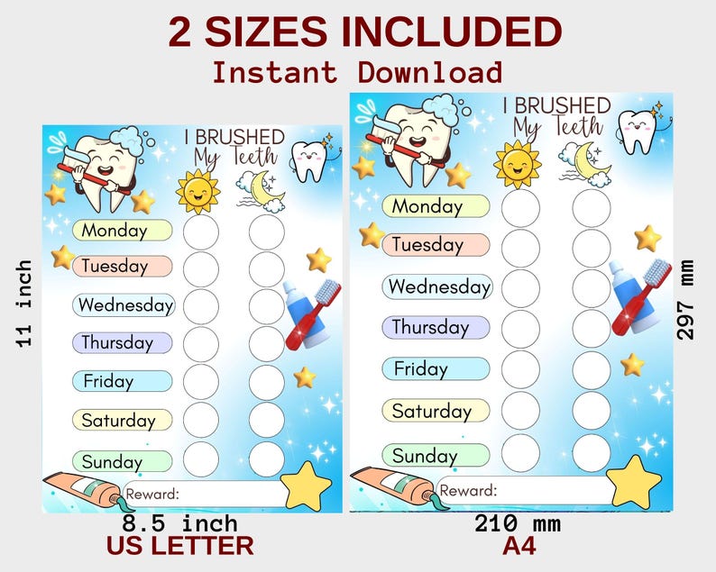 Teeth Brushing Reward Chart for Kids – Printable Dental Hygiene Chart ...