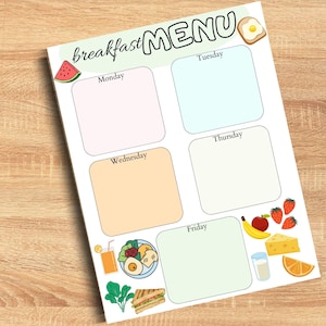 Printable Kids Breakfast Menu Planner: Weekly School Meal Chart (PDF ...