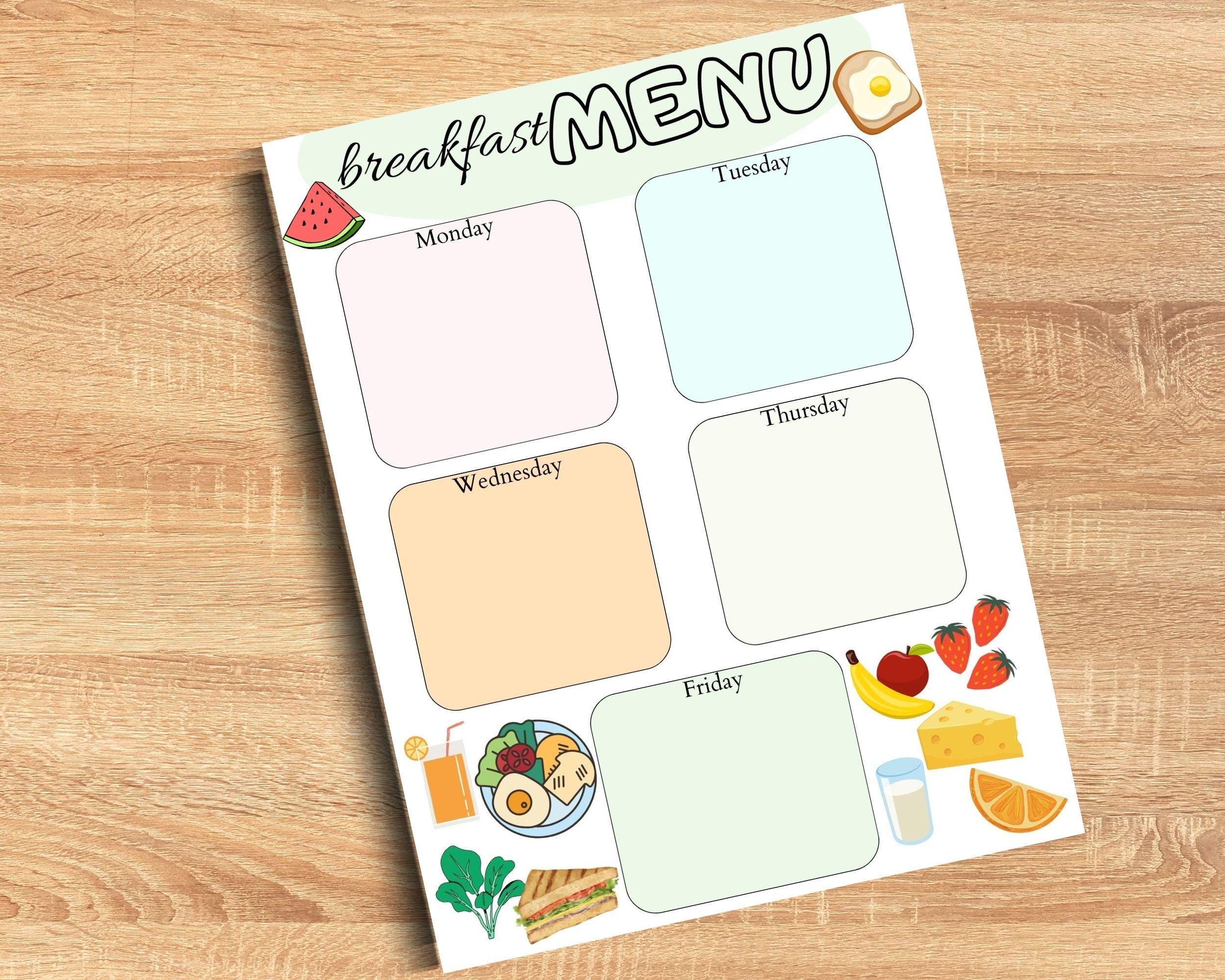 School Breakfast Menu Planner - Kids Weekly Menu Planner - Kids Meal ...