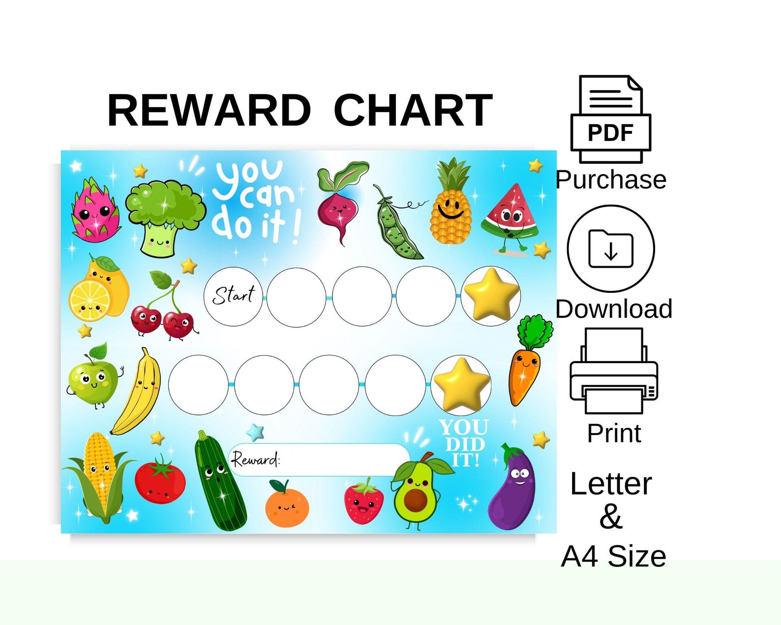 Fruit - Veggie Reward Chart: Printable Healty Eating Tracker for Kids ...