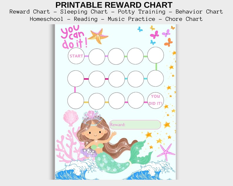 Printable Mermaid Reward Chart Girls Potty Training Sleeping Chart ...