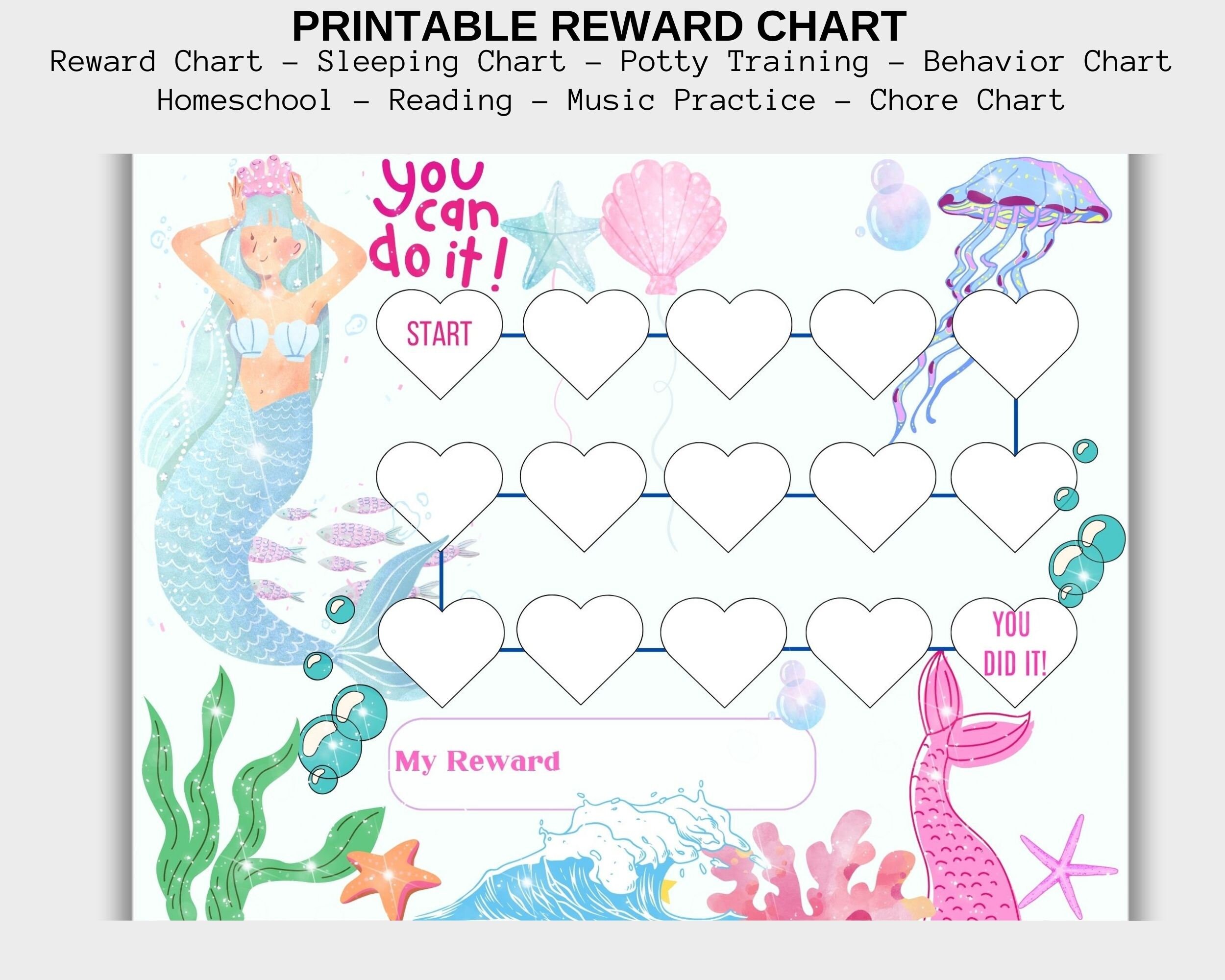 Printable Mermaid Reward Chart - Girls Potty Training - Sleeping Chart ...