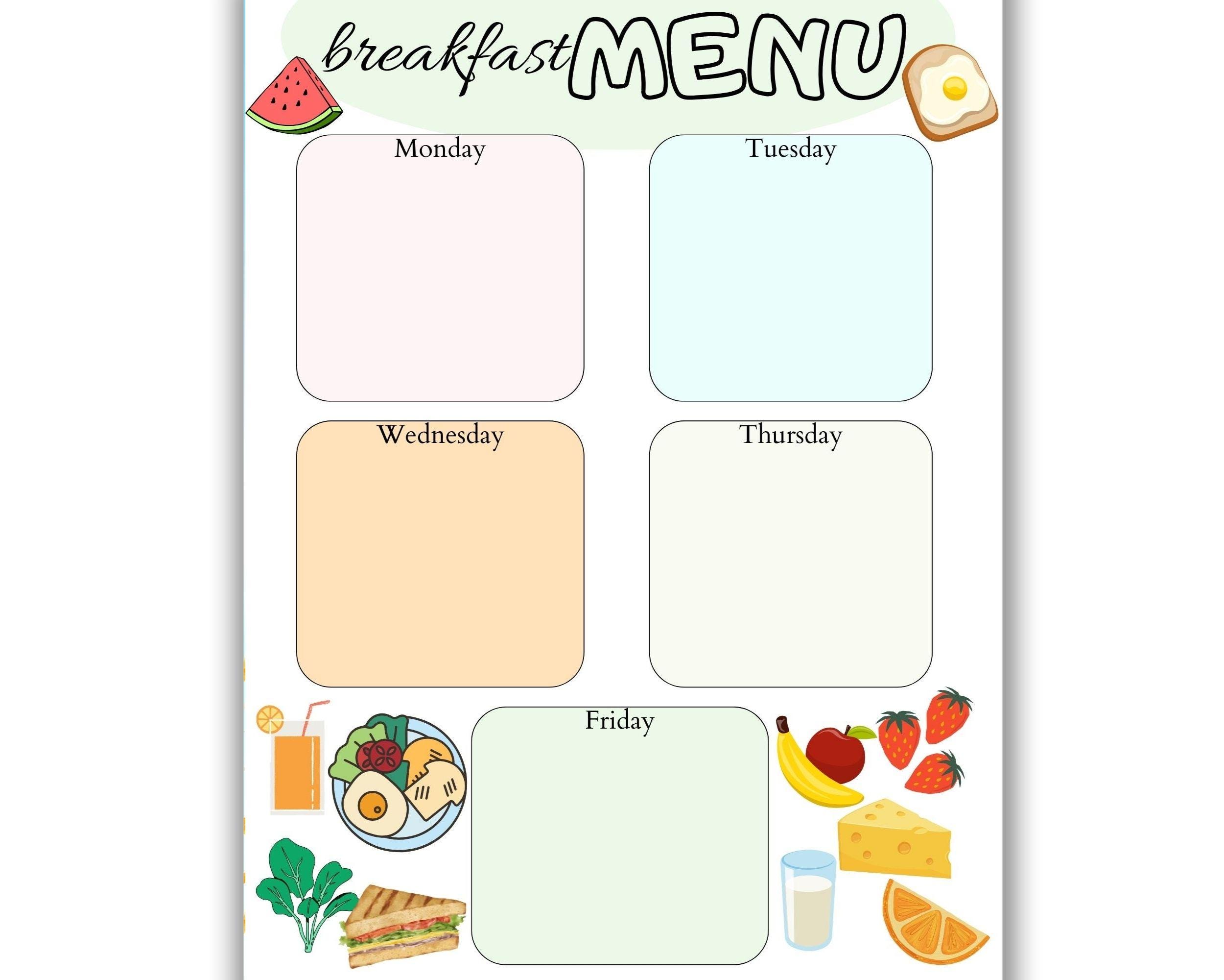 Printable Kids Breakfast Menu Planner: Weekly School Meal Chart (PDF ...