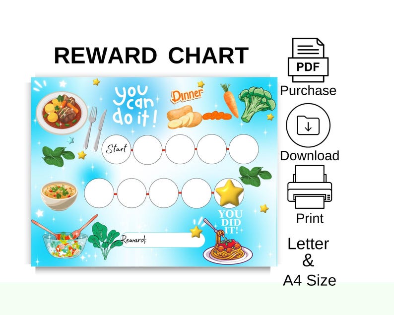 Printable Dinner Reward Chart for Kids: Mealtime Tracker (A4 & Letter ...