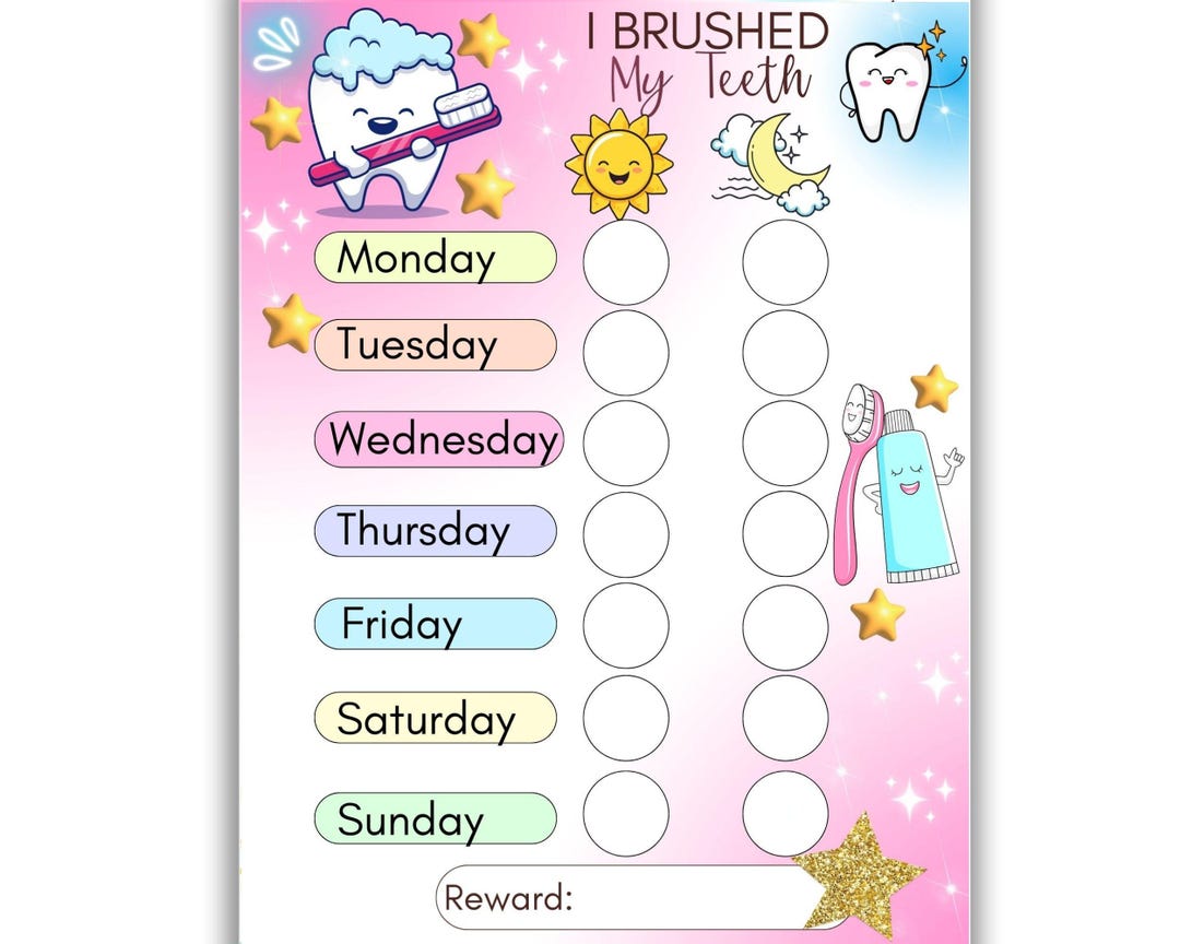 Teeth Brushing Reward Chart: Kids Dental Hygiene Sticker Chart ...