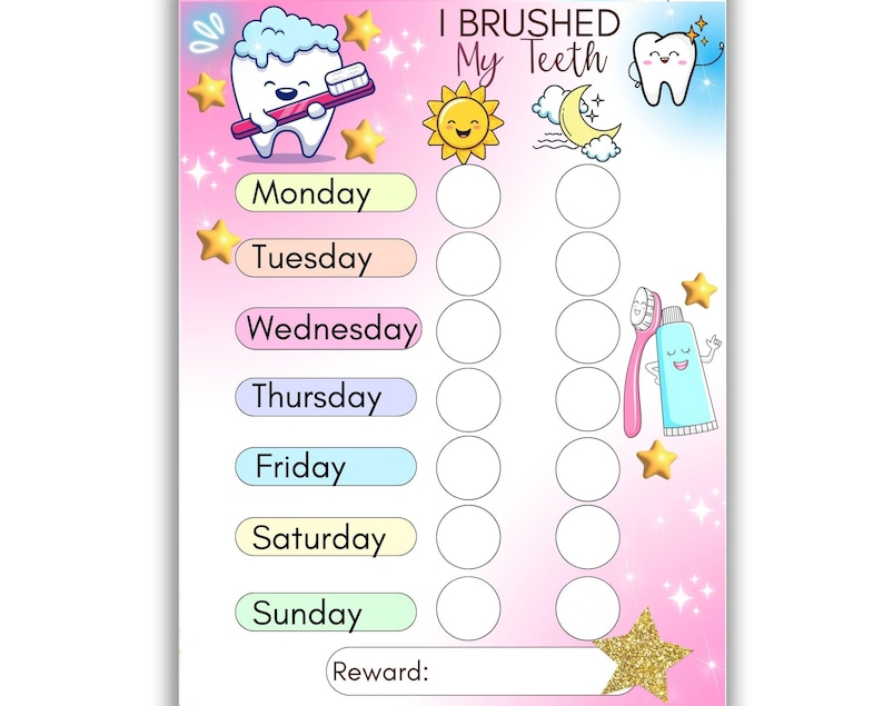 Teeth Brushing Reward Chart: Kids Dental Hygiene Sticker Chart ...