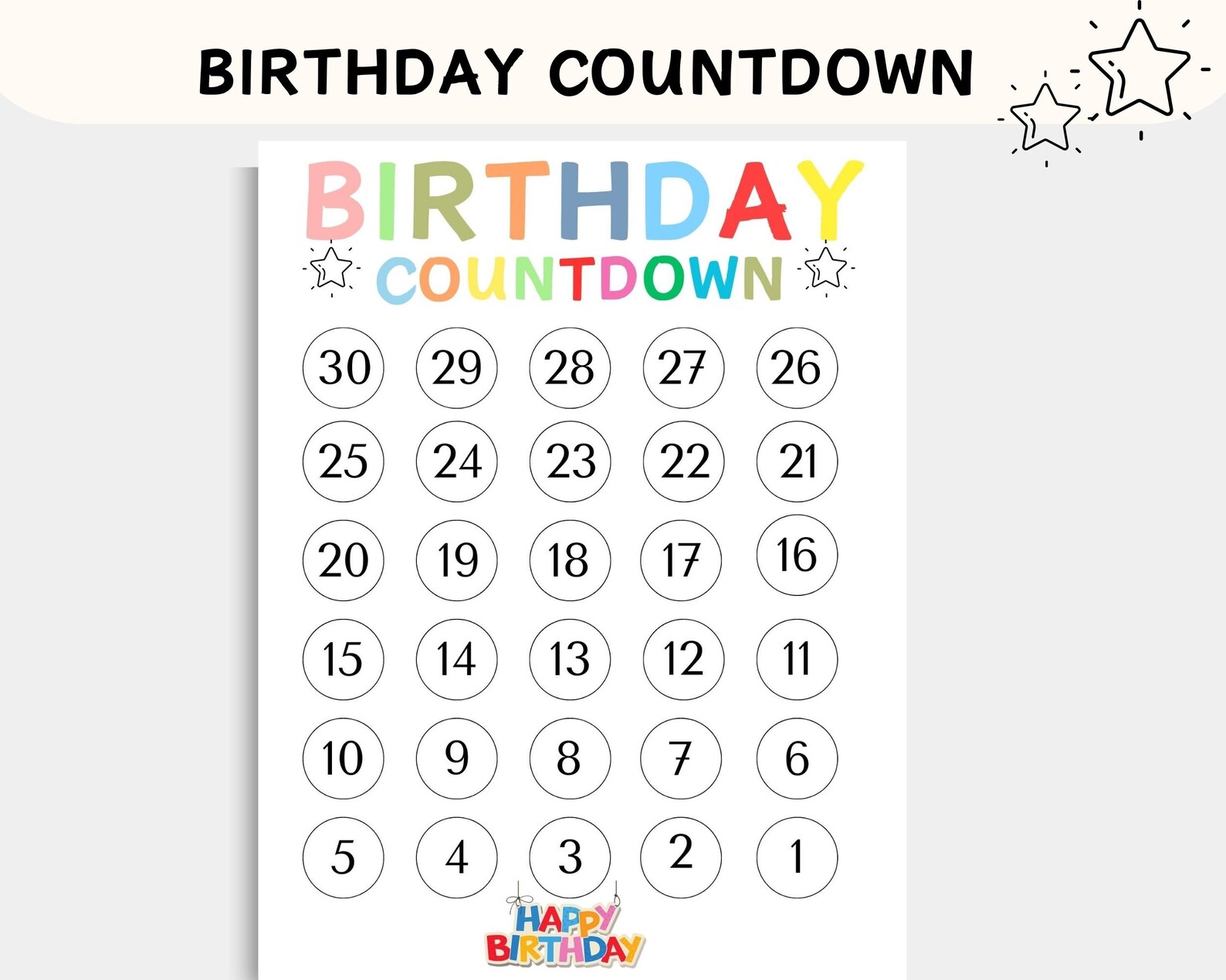 Printable Birthday Countdown - Birthday Countdown Printable - 30 Day ...