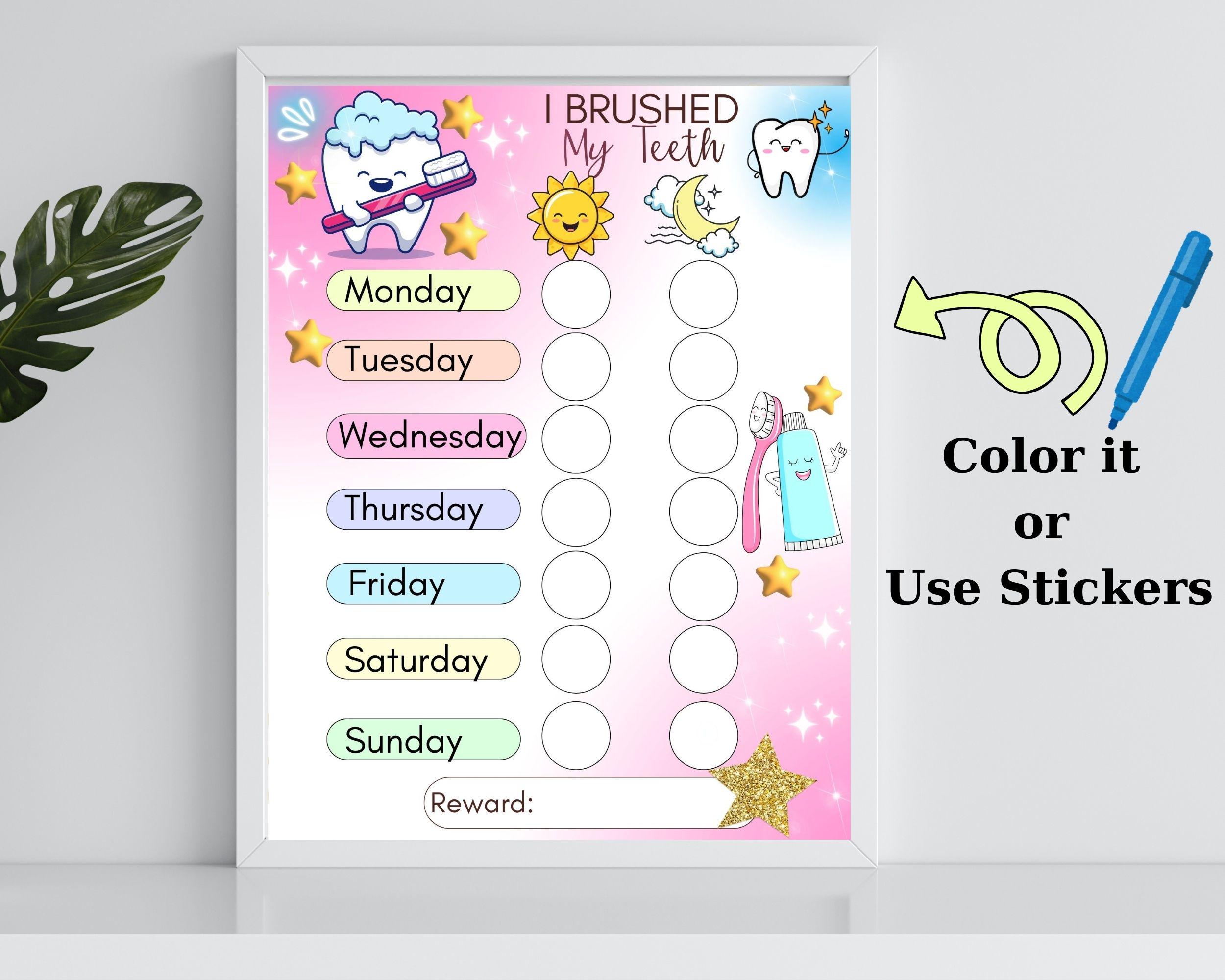 Teeth Brushing Reward Chart: Kids Dental Hygiene Sticker Chart ...