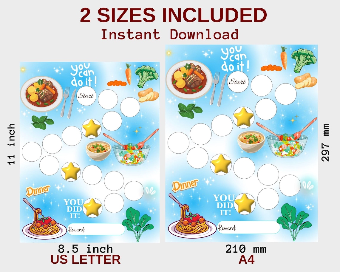 Printable Dinner Reward Chart for Kids: Mealtime Tracker (A4 & Letter ...