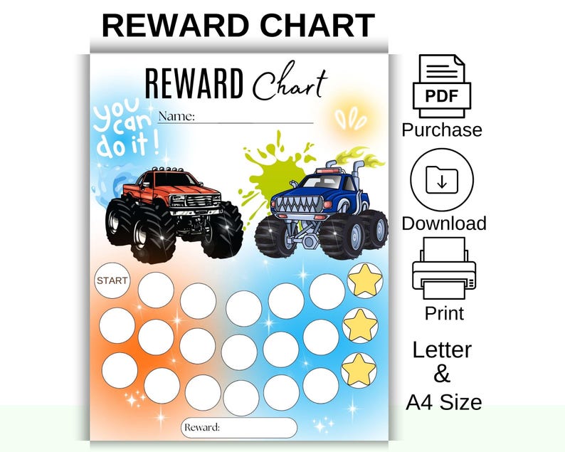 Monster Truck Reward Chart Printable Potty Training Chart Boys Behavior ...