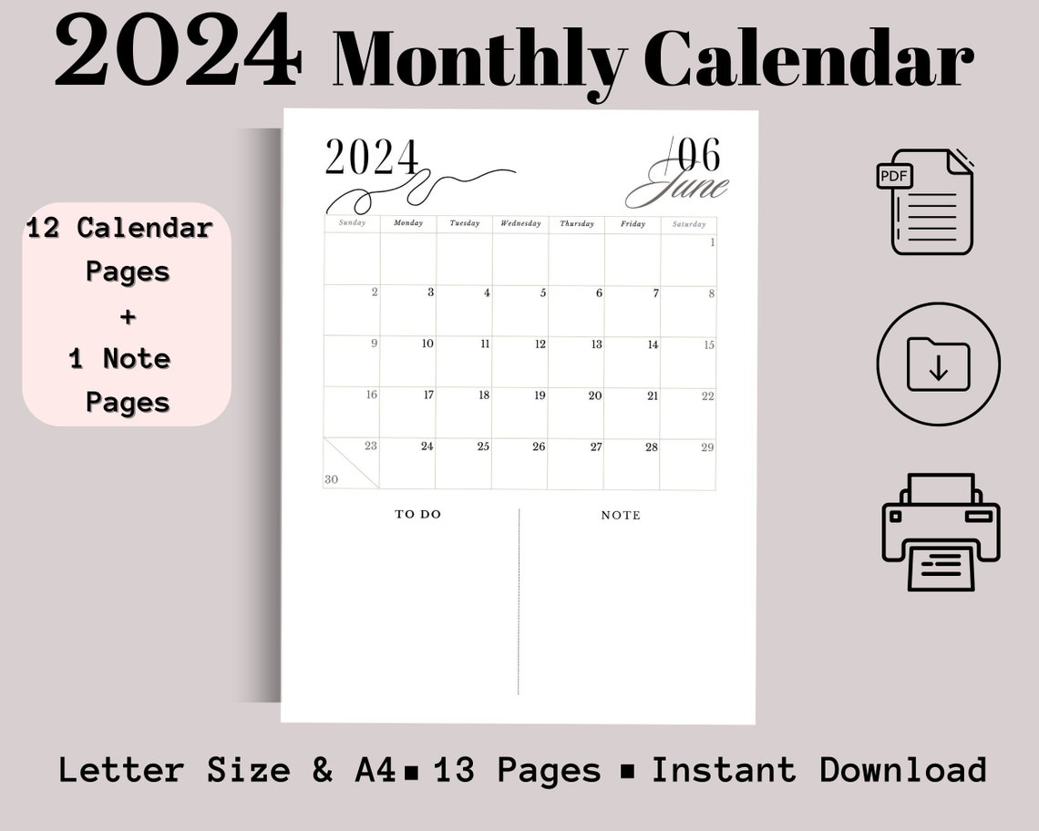 Printable 2024 Monthly Calendar PDF 2024 Wall Calendar Minimalist ...