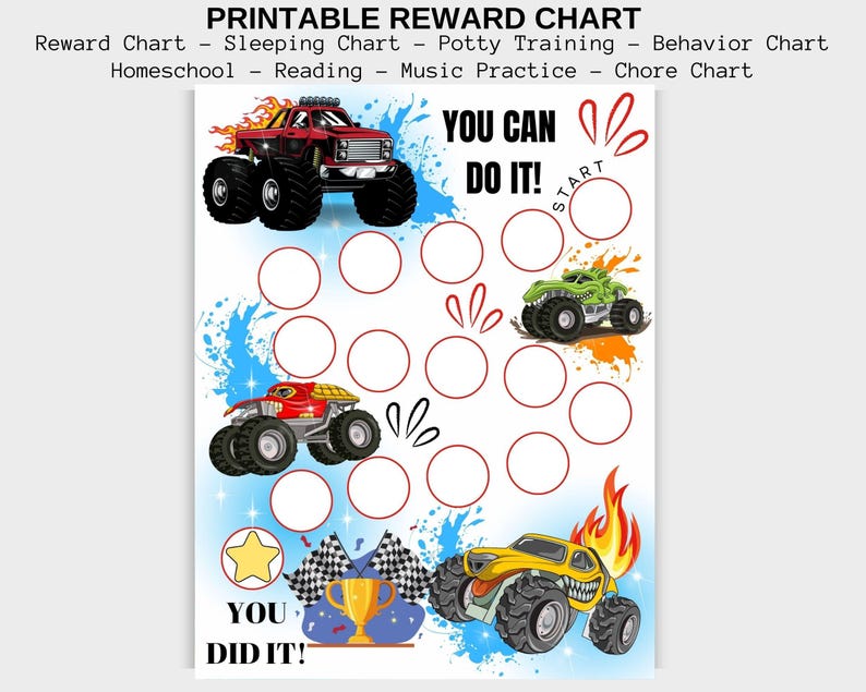 Monster Truck Reward Chart - Potty Training Chart - Boys Behavior Chart ...