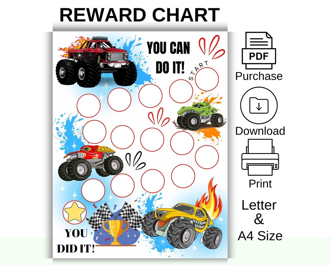 Monster Truck Reward Chart - Potty Training Chart - Boys Behavior Chart ...
