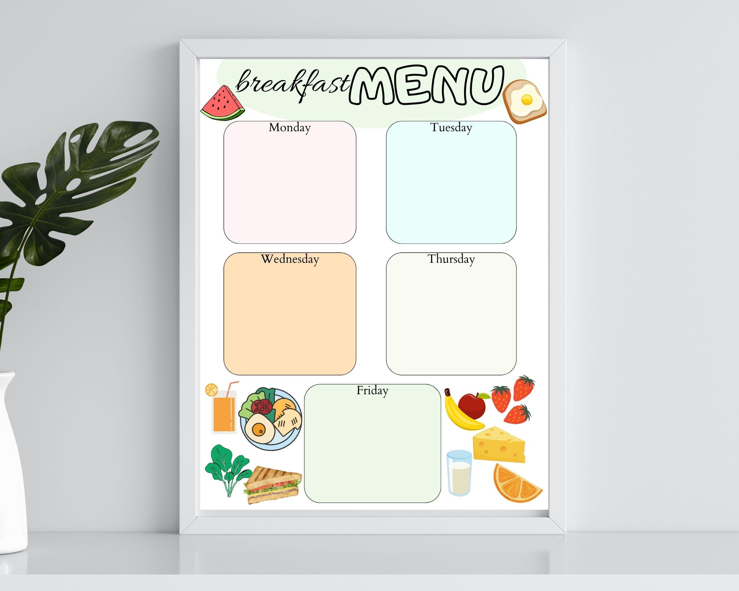 Printable Kids Breakfast Menu Planner: Weekly School Meal Chart (PDF ...