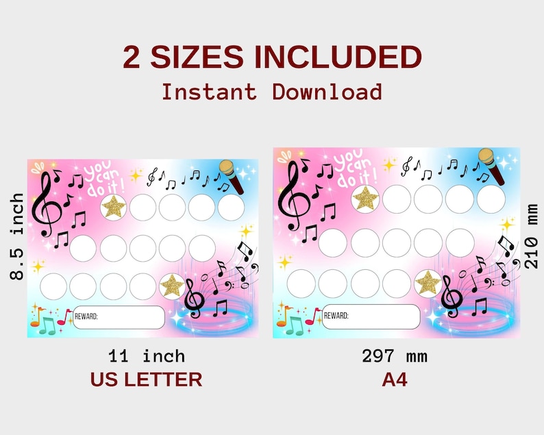 Music Practice Reward Chart for Kids: Instrument, Piano Tracker (A4/US ...
