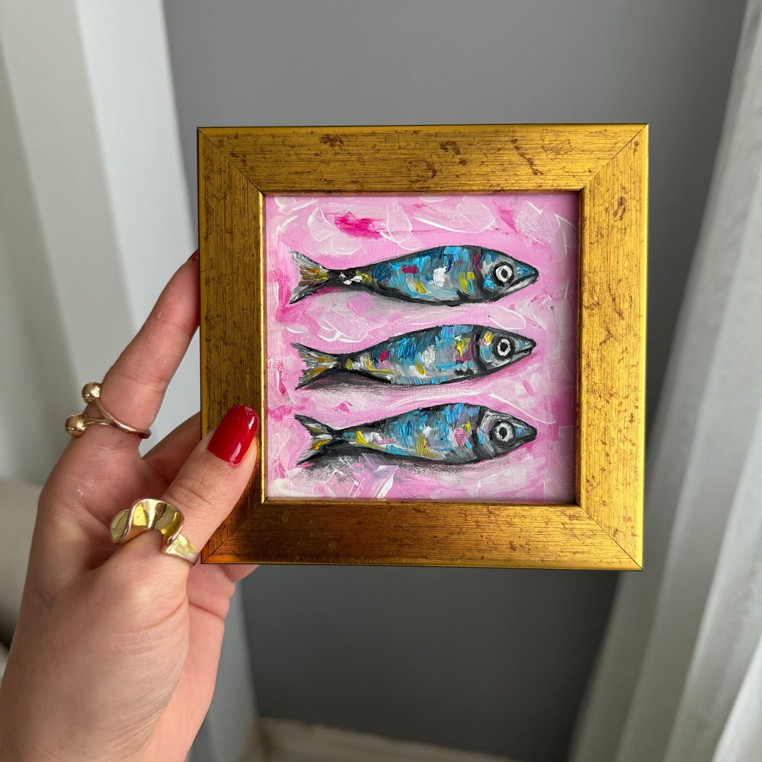 Original Hand Painted Sardines Oil Painting, Pink Mini Fish Art, Tiny ...