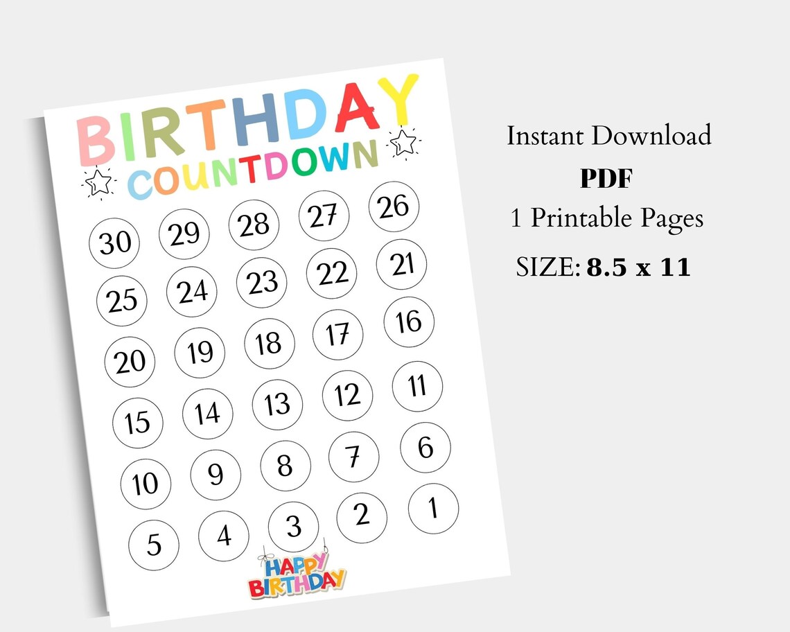 Printable Birthday Countdown Birthday Countdown Printable 30 Day ...
