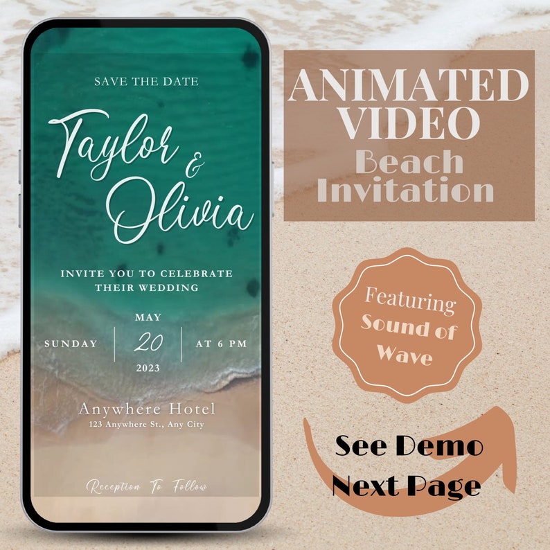 Animated Video Beach Wedding Invitation, Digital Template, Sunset Waves ...