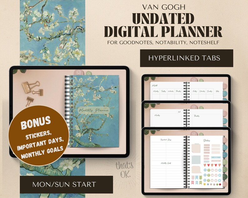 Undated Goodnotes Planner, Van Gogh Art, Monthly Digital Planner ...
