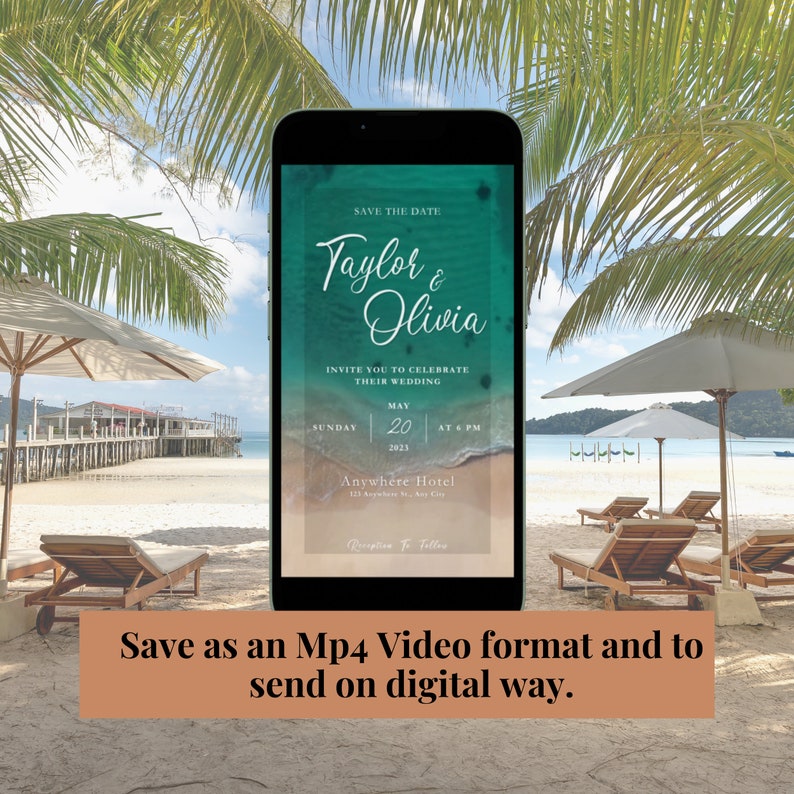 Animated Video Beach Wedding Invitation, Digital Template, Sunset Waves ...