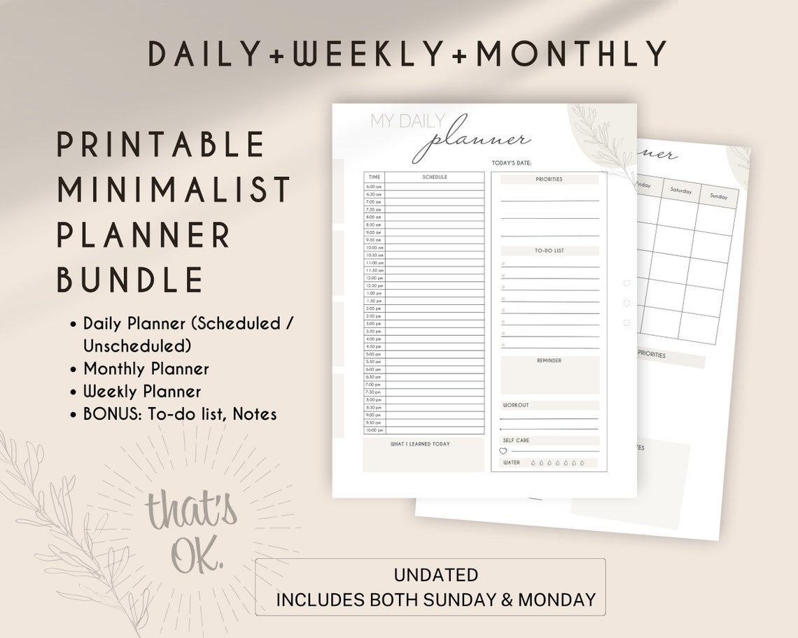 Modern Floral Minimalist Planner Bundle Daily Planner Weekly Planner ...