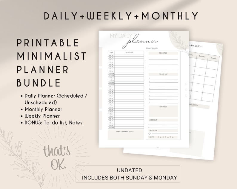 Modern Floral Minimalist Planner Bundle Daily Planner Weekly Planner ...