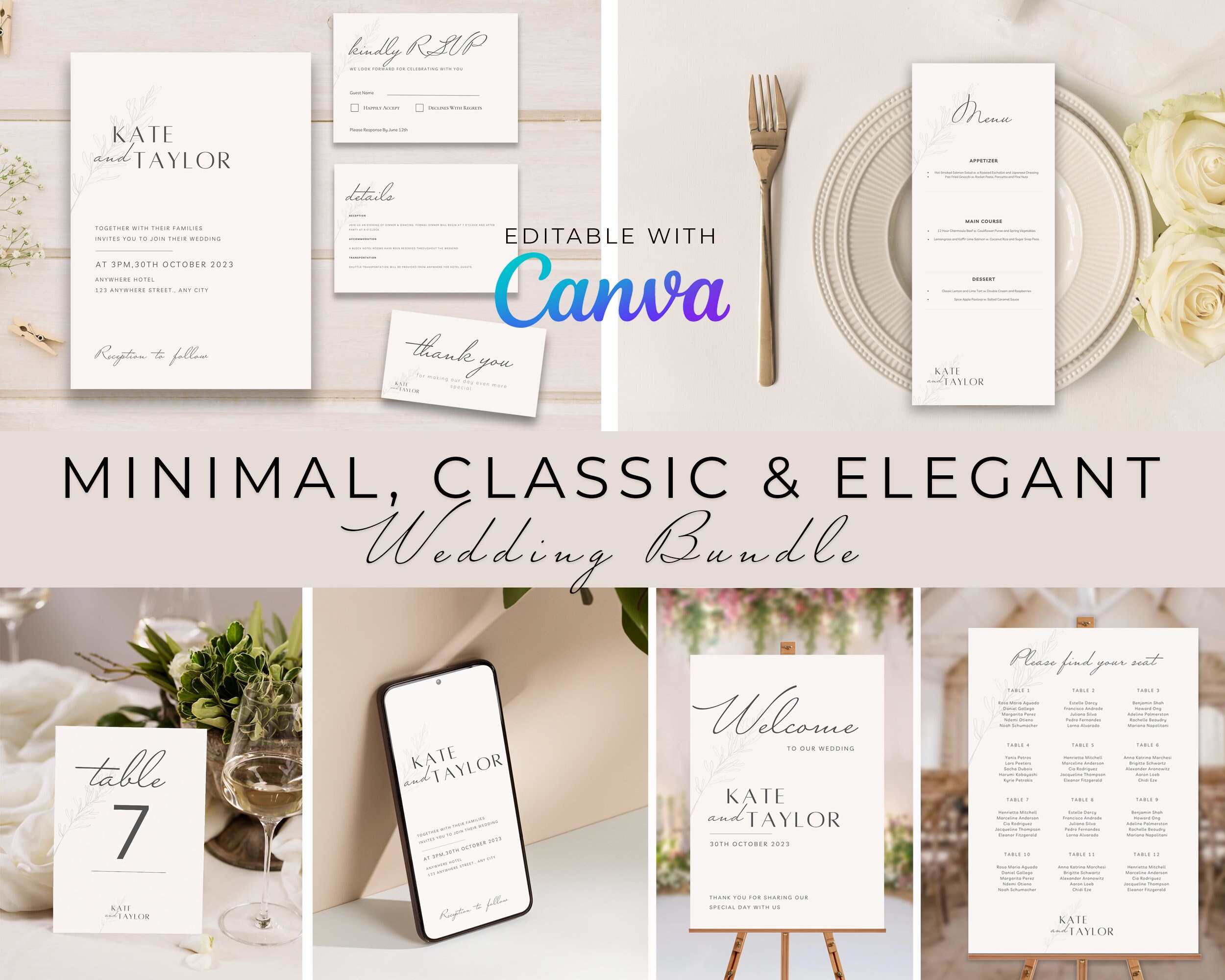 Minimalist Elegant Floral Wedding Bundle Wedding Sign Templates Modern ...