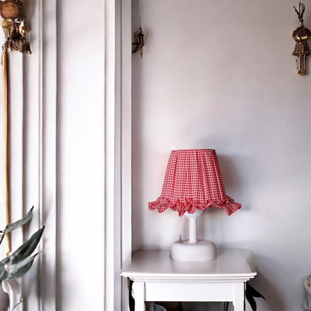 Handmade Red Gingham Ruffle Table Lamp - Kids Room, Cafe, Home Decor ...