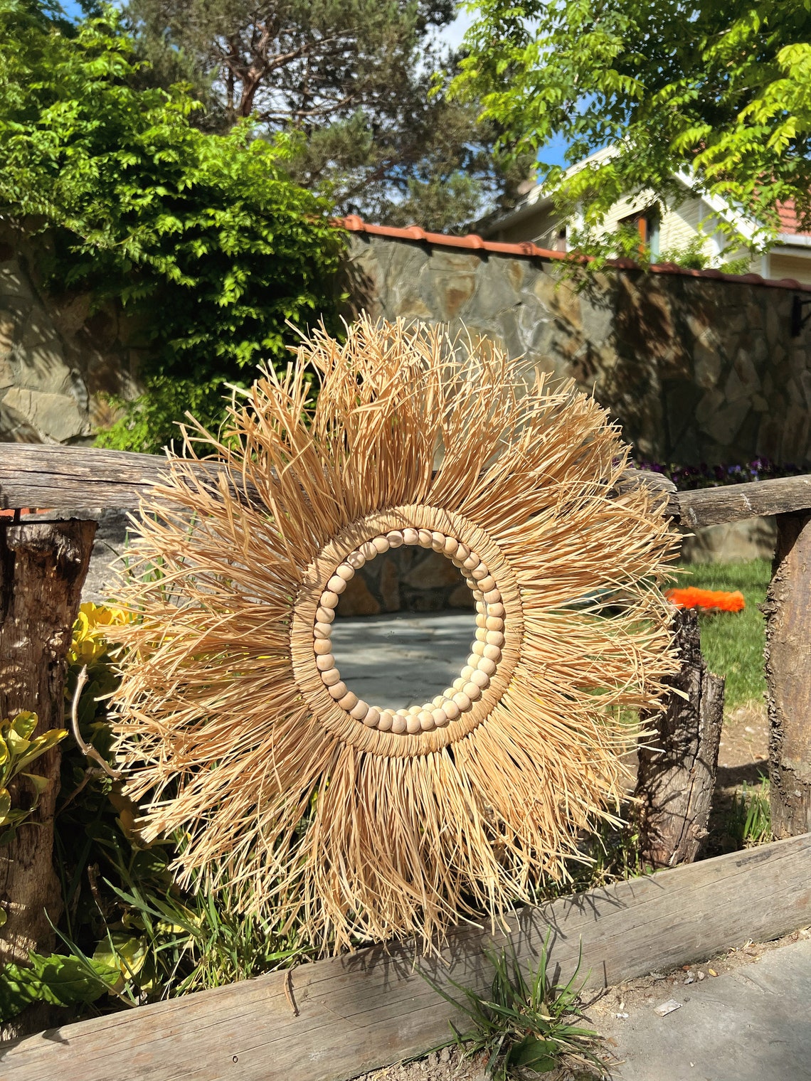 Natural Raffia Mirror, Handmade Farmhouse Decorative Mirror, Wooden Beads Mirror, Mirror Set of ...