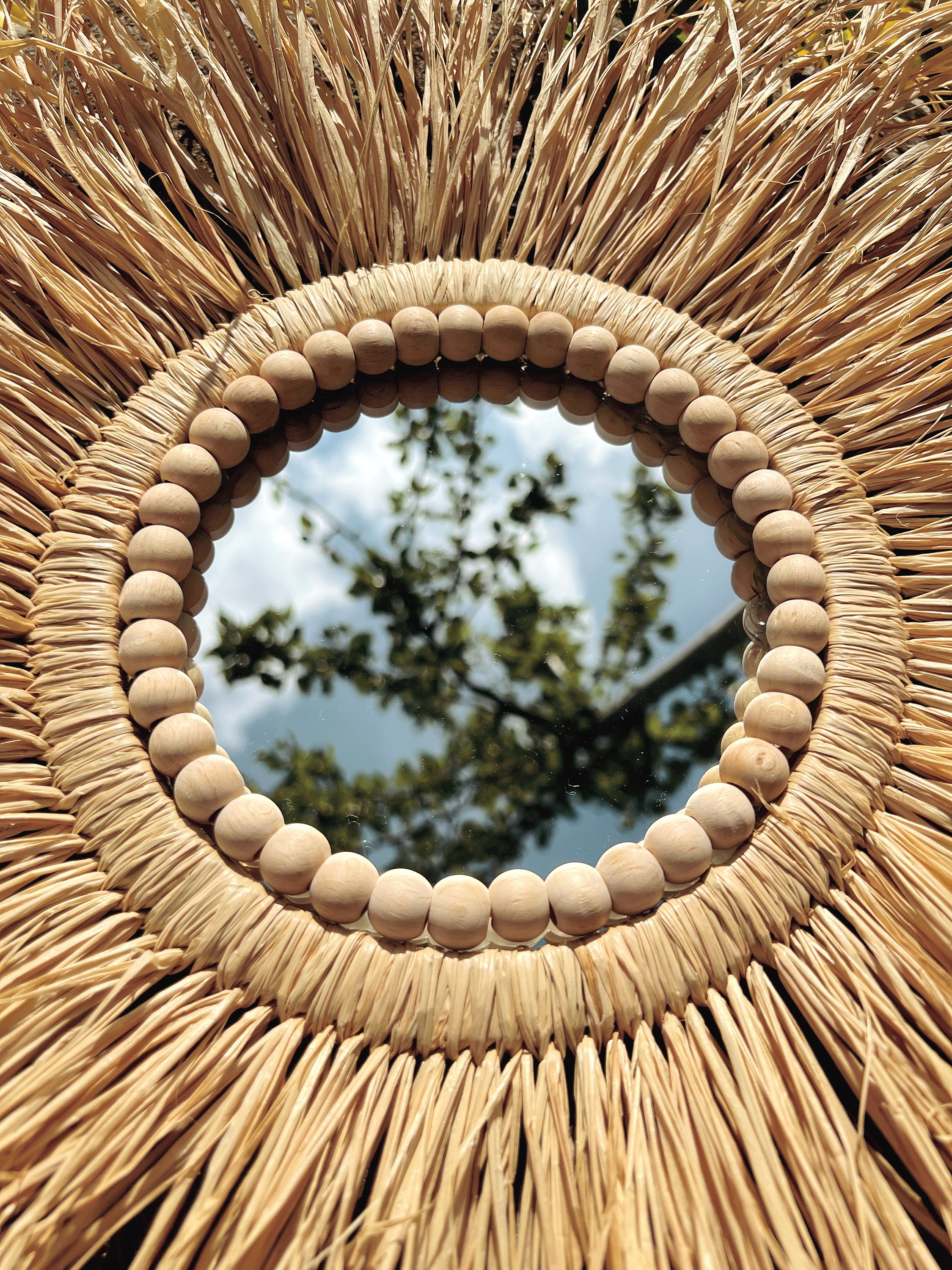 Natural Raffia Mirror, Handmade Farmhouse Decorative Mirror, Wooden Beads Mirror, Mirror Set of ...