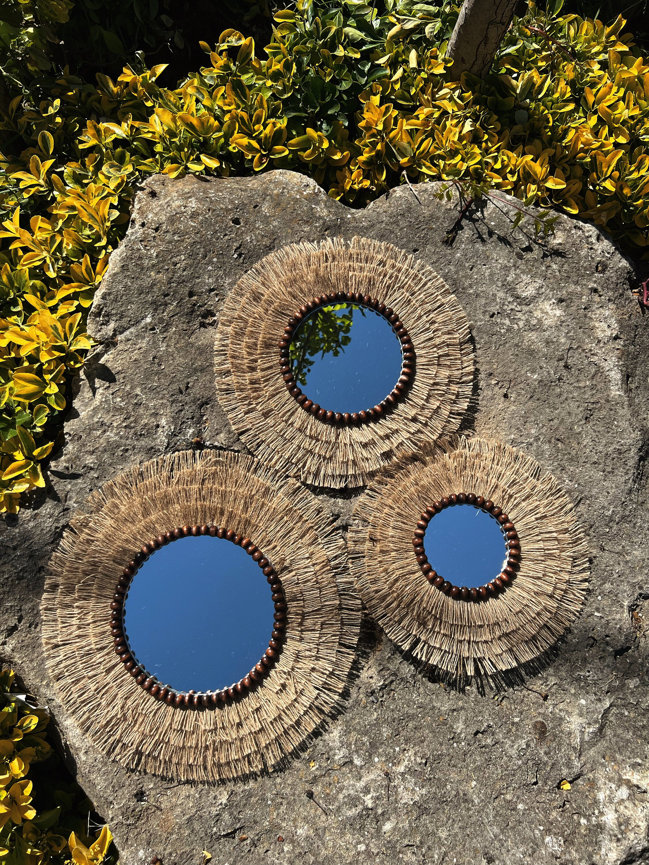 Mirror Set of 3 Jute Mirrors, Wooden Beads Mirror, 10"/12"/14 ...