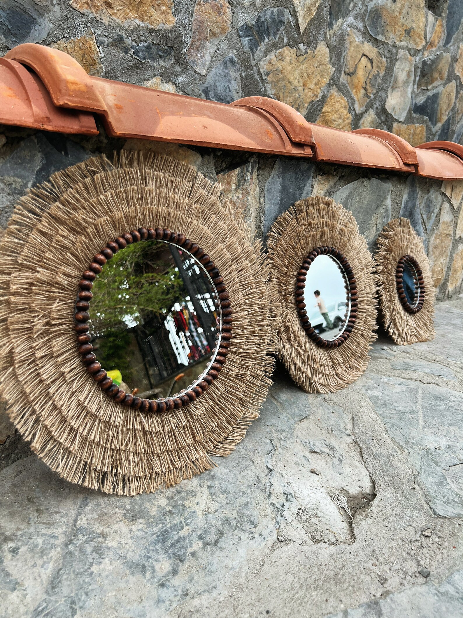 Mirror Set of 3 Jute Mirrors, Wooden Beads Mirror, 10"/12"/14 ...